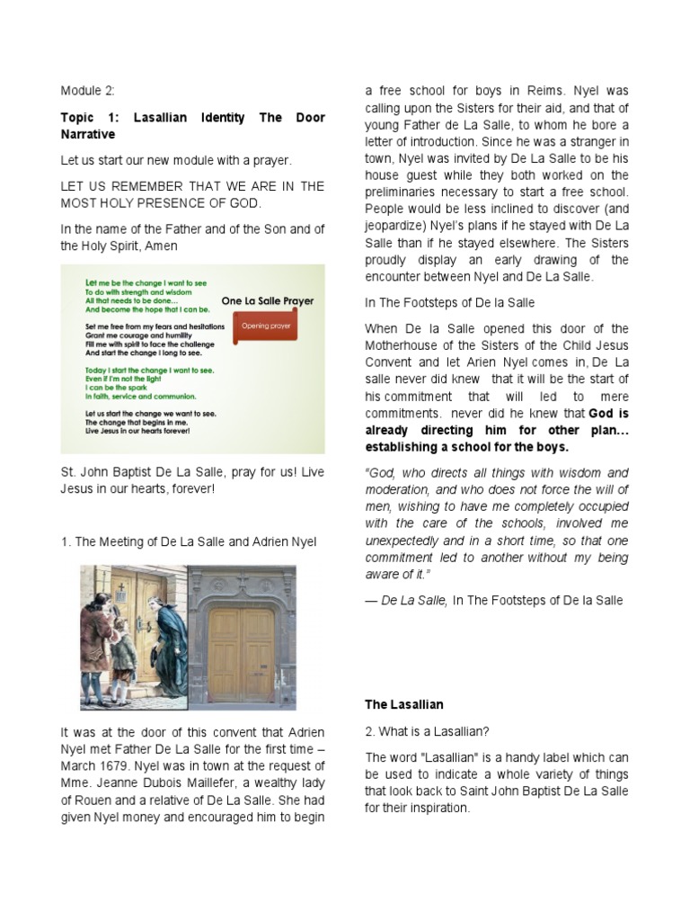 Topic 1: Lasallian Identity The Door Narrative | PDF | Faith | Spirituality