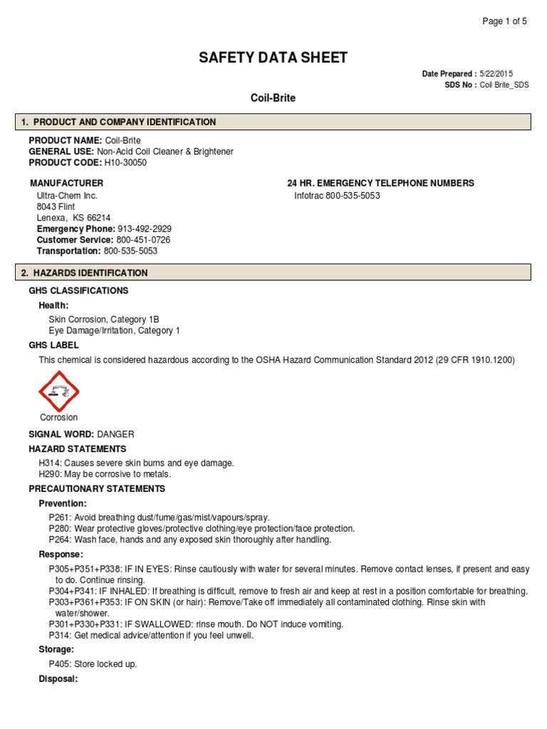 Safety Data Sheet: Coil-Brite | Download Free PDF | Hazardous Waste ...