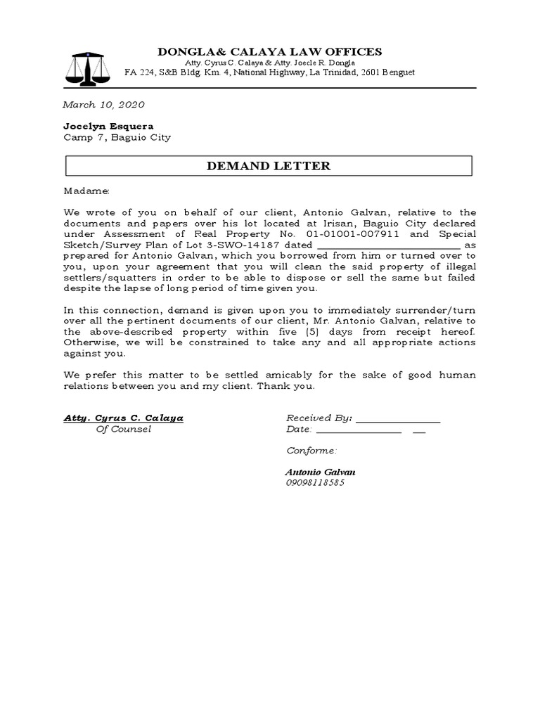 Demand Letter: Dongla& Calaya Law Offices | PDF