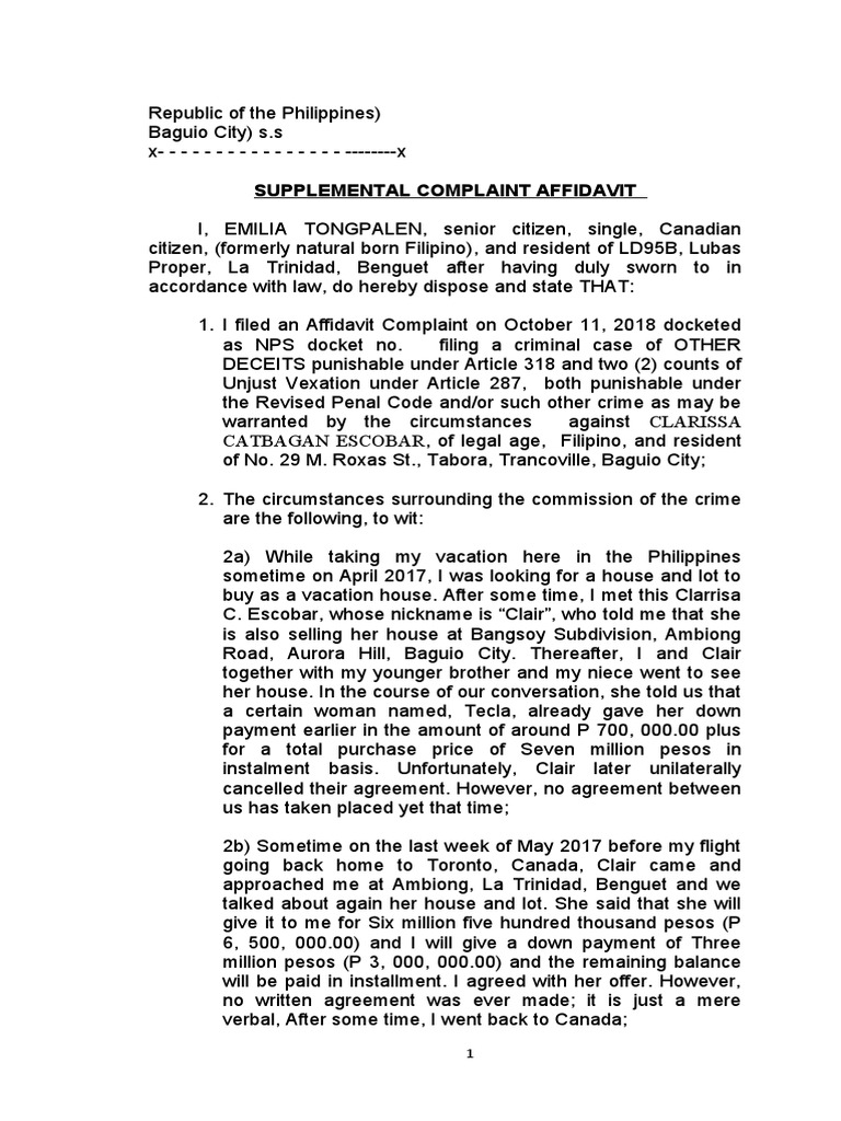 Supplemental Complaint Affidavit | PDF | Affidavit | Money