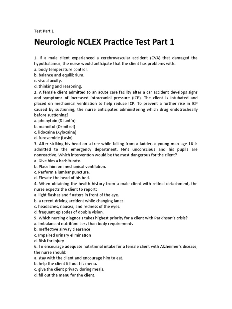 Neurologic NCLEX Practice Test Part 1 | PDF | Stroke | Vertigo