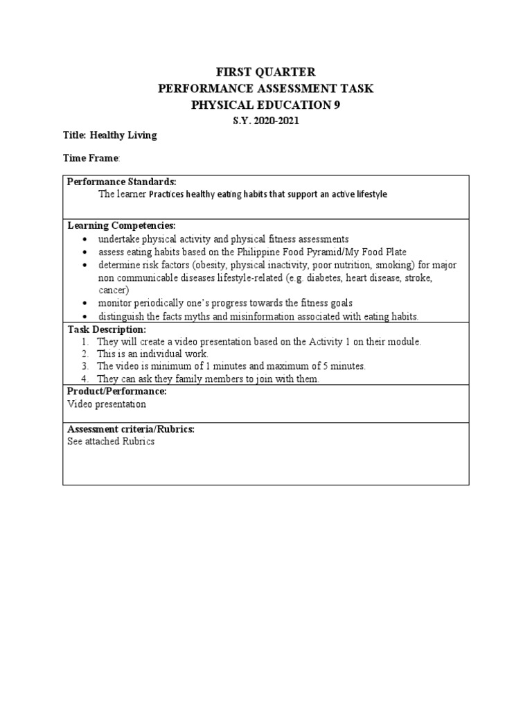 First Quarter Performance Assessment Task Physical Education 9 | PDF ...
