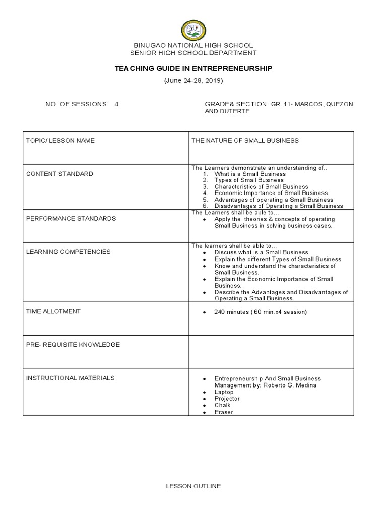 Teaching Guide in Entrepreneurship: Binugao National High School Senior ...