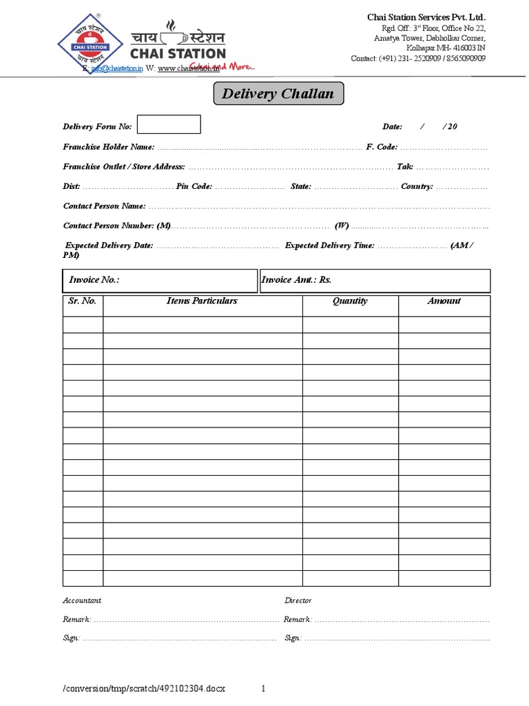 Delivery Challan: Invoice No.: Invoice Amt.: Rs. Sr. No. Items ...