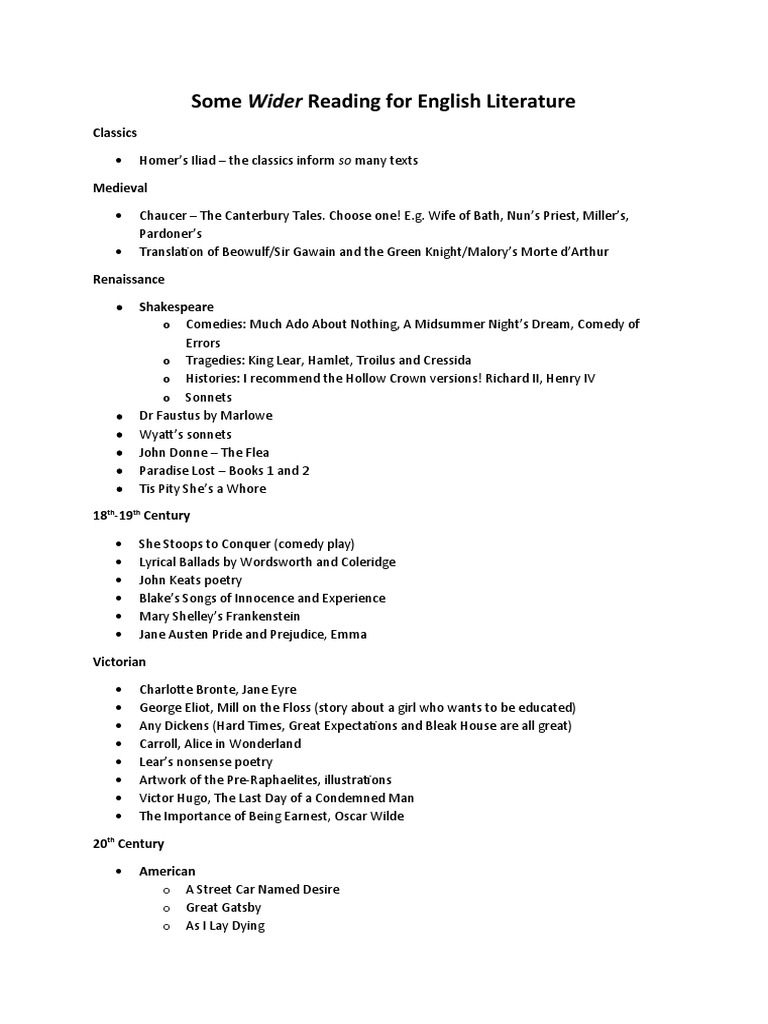 Essential Reading List for English Literature | PDF | English ...