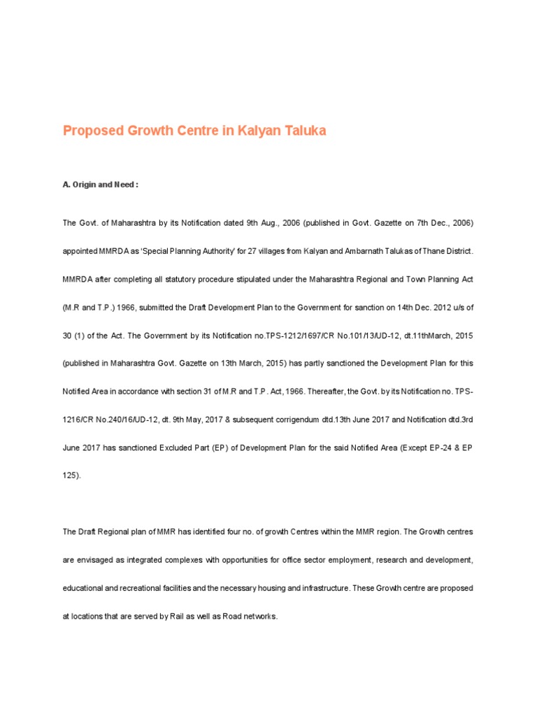 Proposed Growth Centre in Kalyan Taluka: Overview of the Development ...