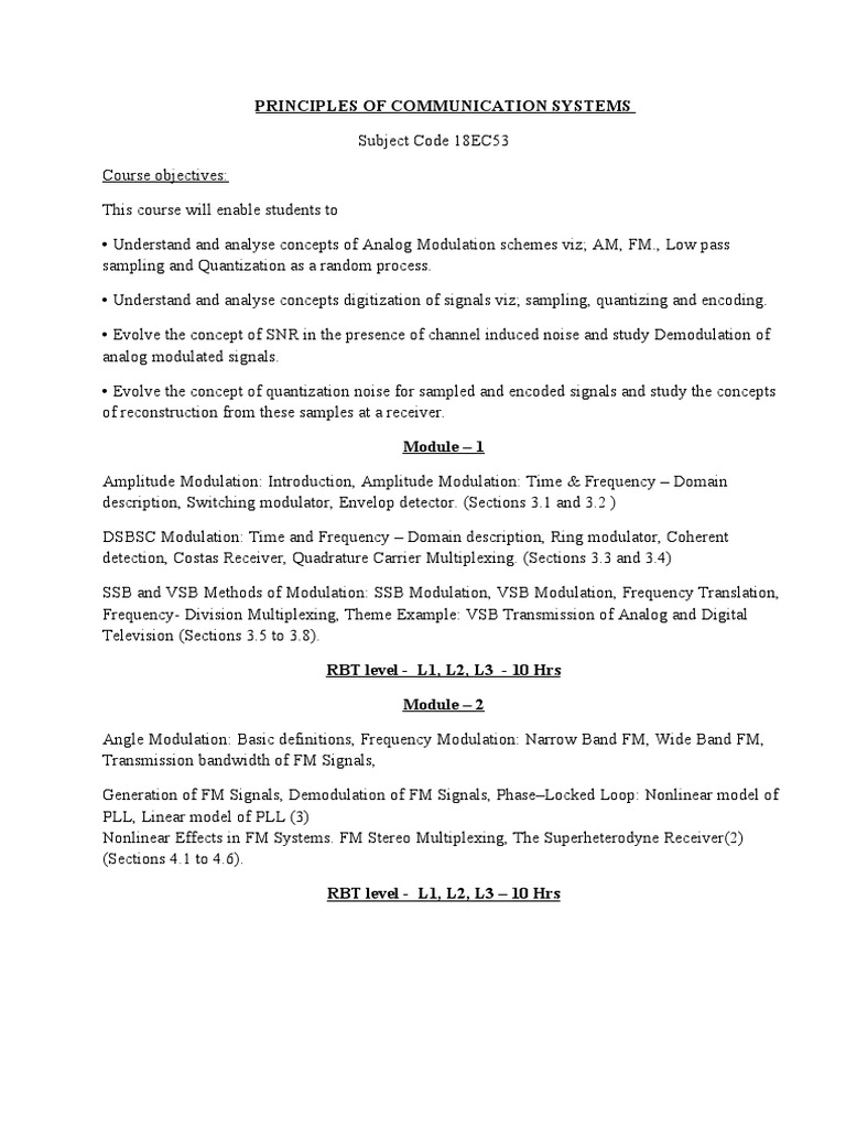 PRINCIPLES OF COMMUNICATION SYSTEMS Syllabus | PDF | Frequency Modulation | Modulation