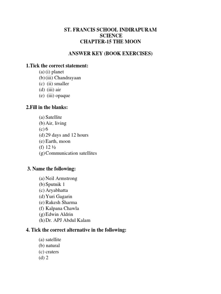 St. Francis School Indirapuram Science Chapter-15 The Moon Answer Key ...