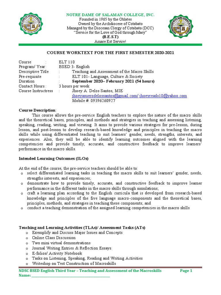 ELT 110 Assessment of Macro Skills Course Work Plan | PDF | Language ...
