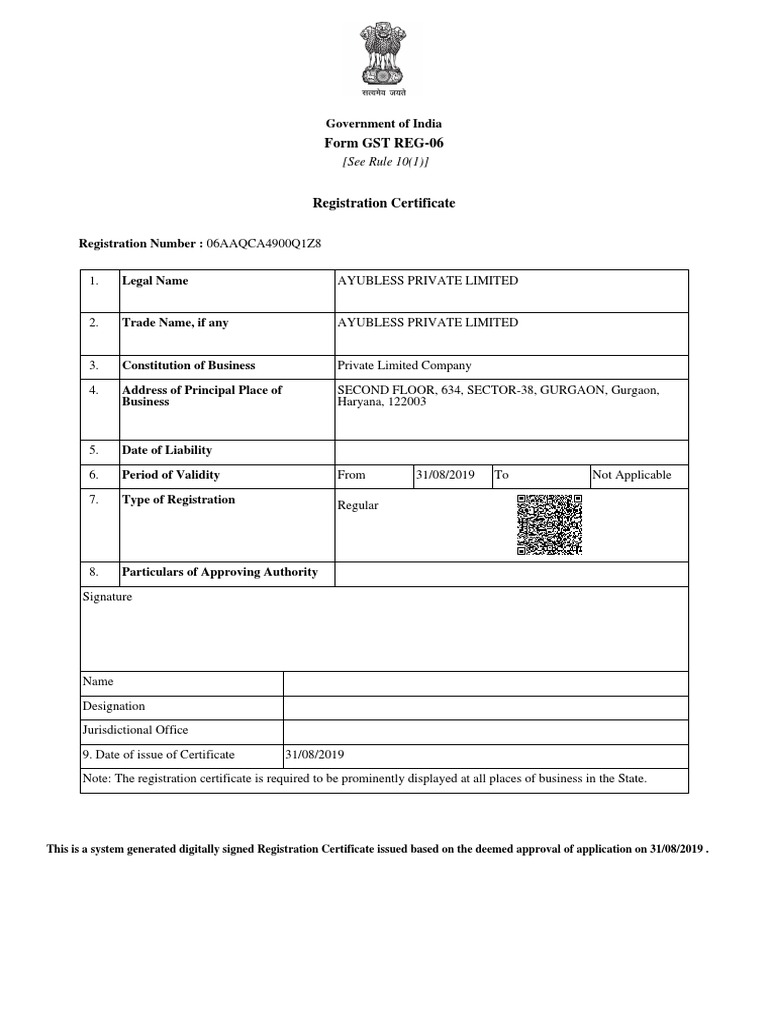 Haryana Gst Registration Certificate Pdf Social Institutions