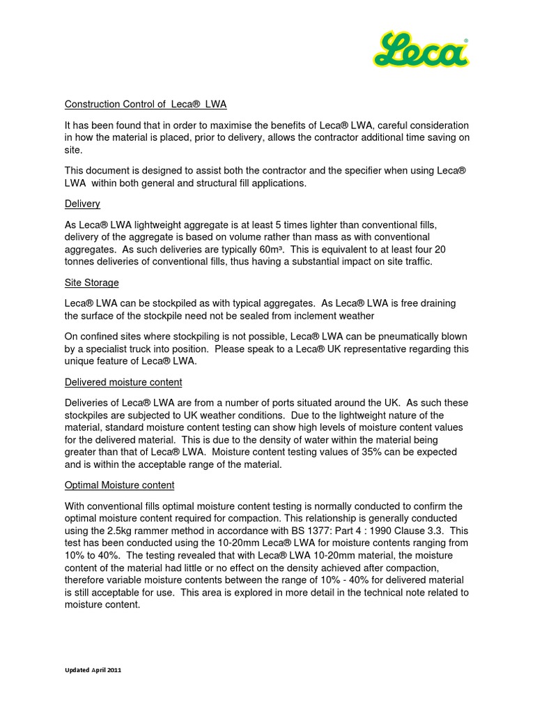 Leca® LWA Construction Control (21.4.11) | PDF | Civil Engineering ...