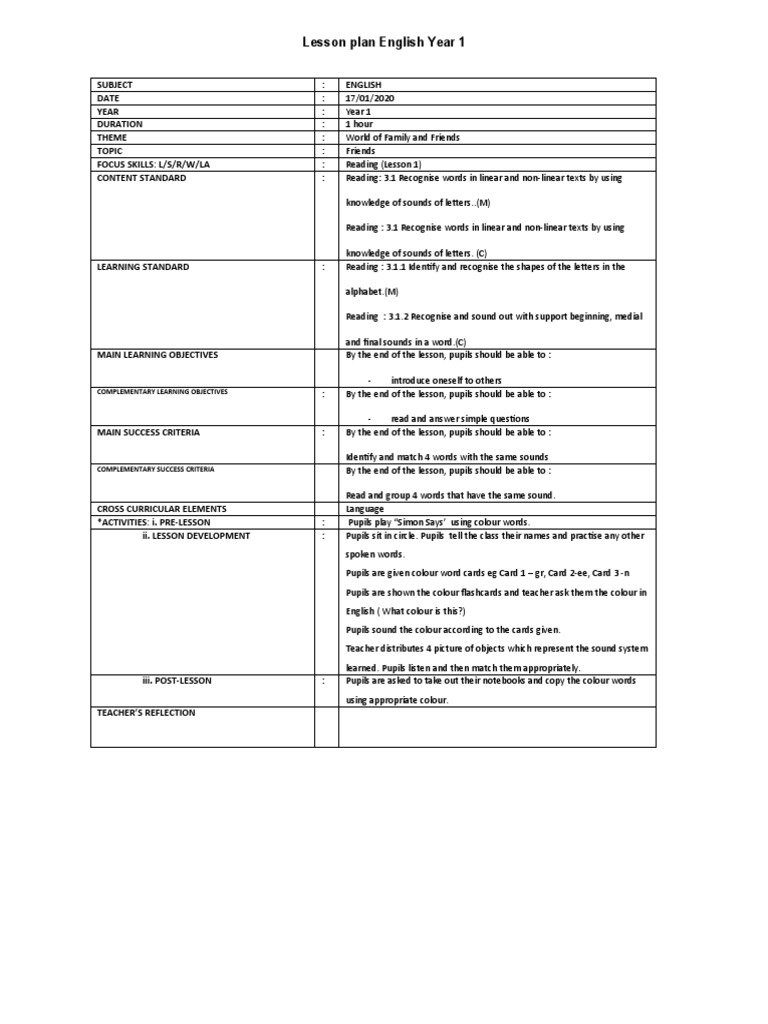 Lesson Plan English Year 1: Complementary Learning Objectives | PDF ...