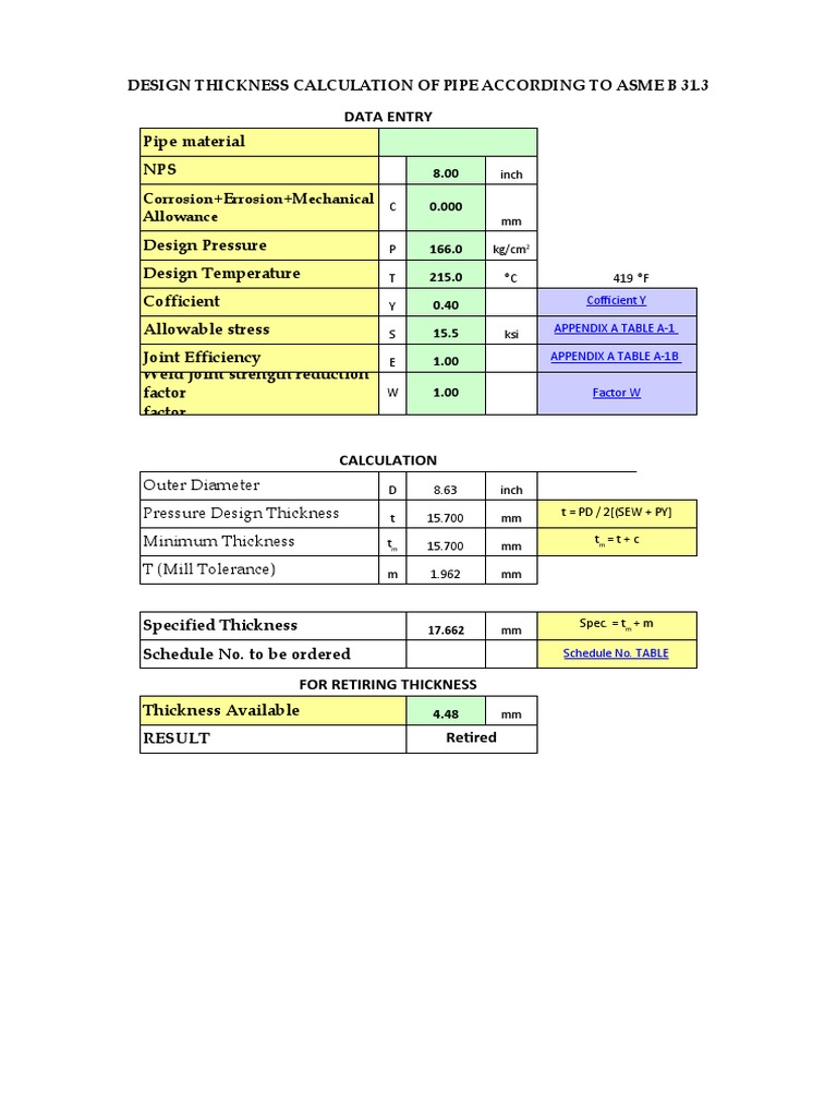 ASME B31.3 Pipe Thickness Calculation | PDF | Pipe (Fluid Conveyance ...