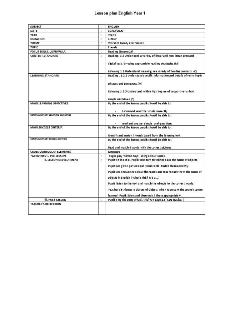 Lesson Plan English Year 1: Complementary Learning Objectives | PDF ...