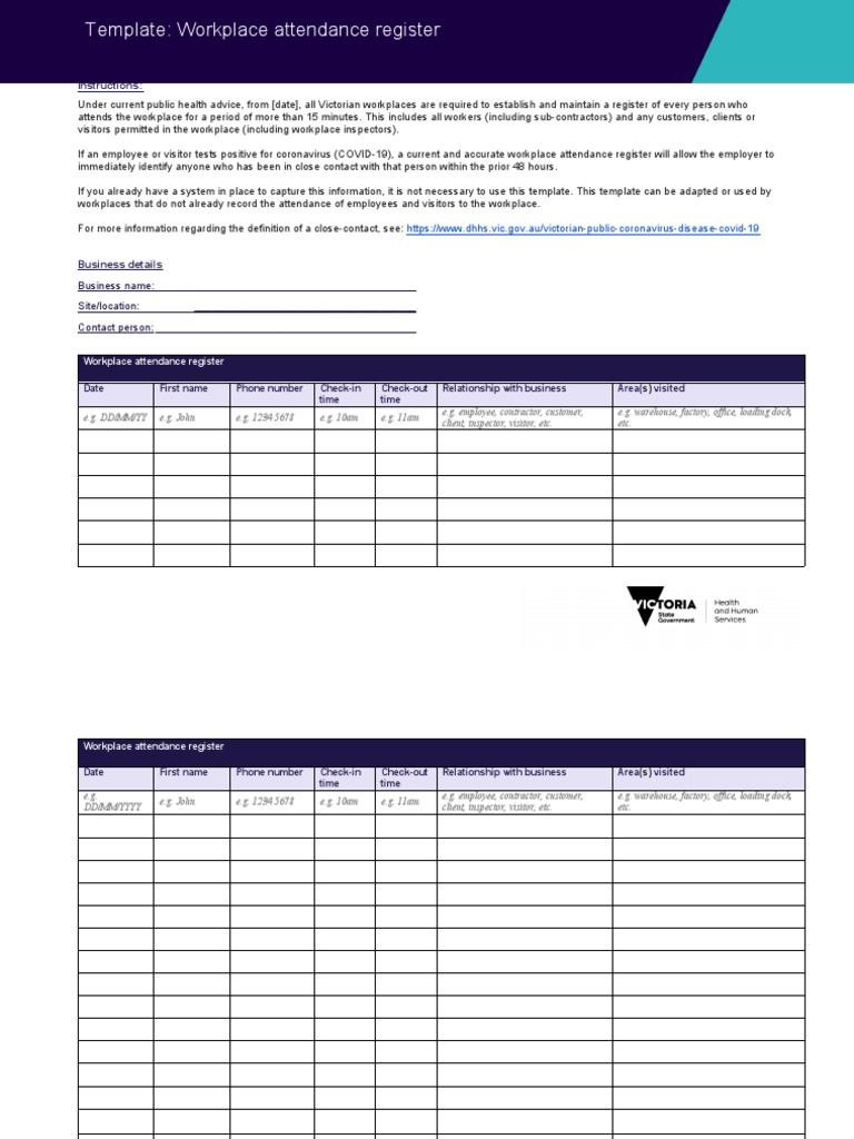 Template: Workplace Attendance Register: Instructions | PDF | Business