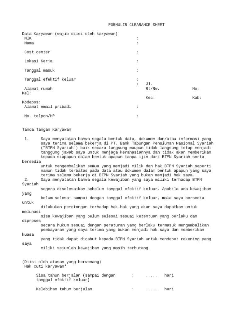 Formulir Clearance Sheet | PDF