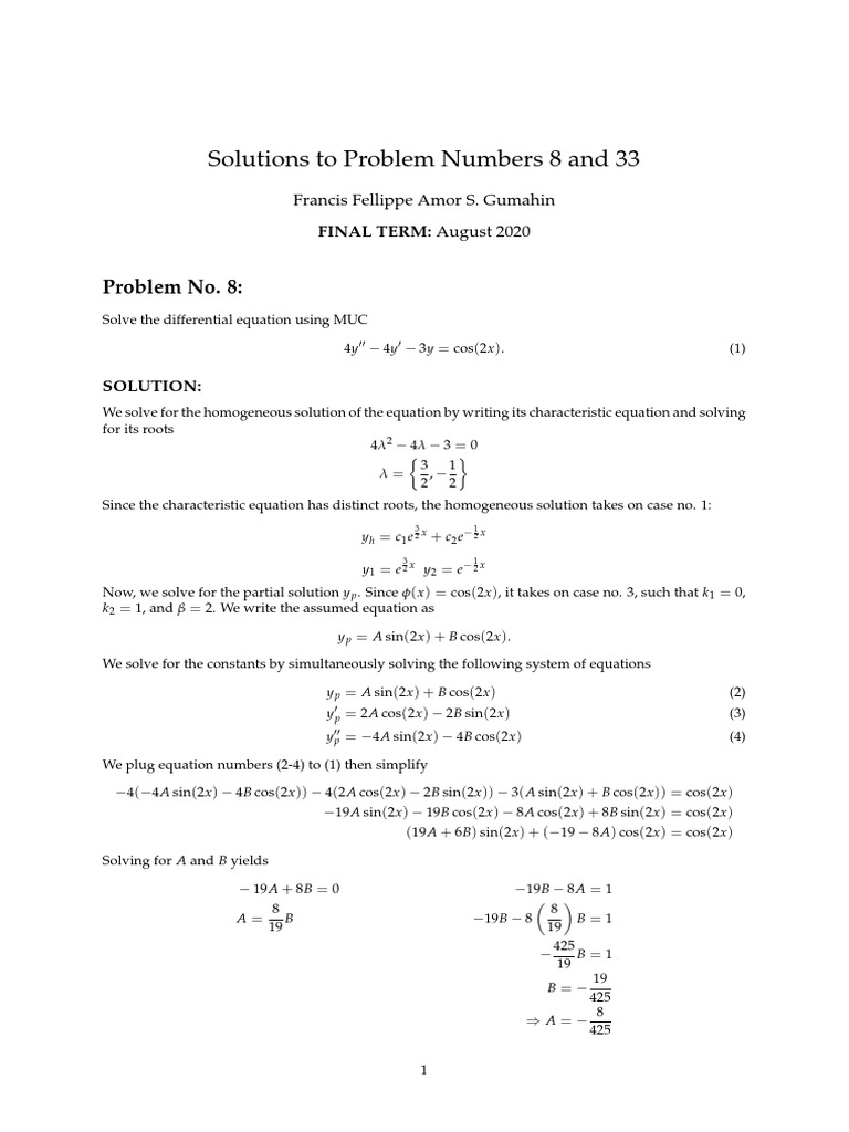Solved Examples For Method Of Undetermined Coefficients Pdf