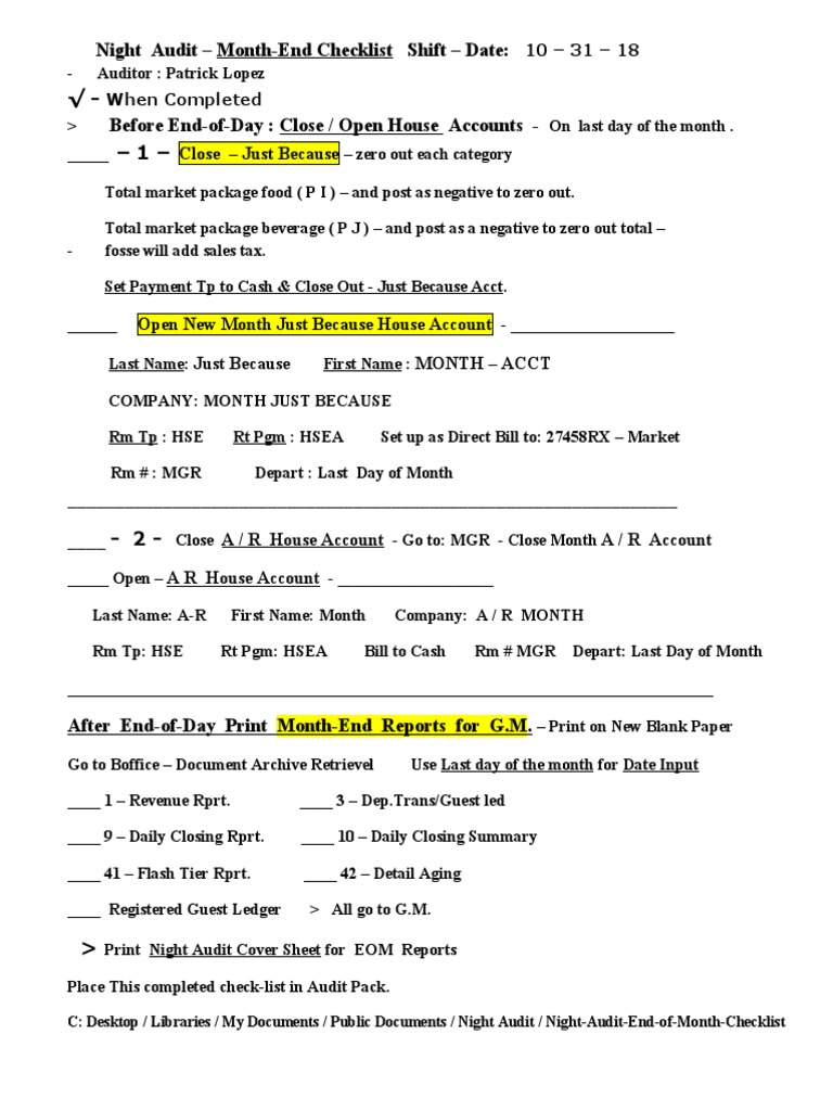Night Audit - Month-End Checklist Shift - Date: - Before End-of-Day ...