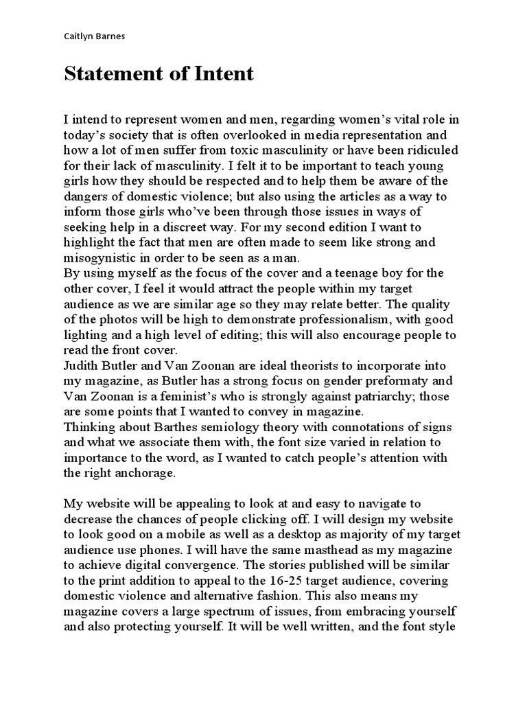 Statement of Intent | PDF | Masculinity | Target Audience