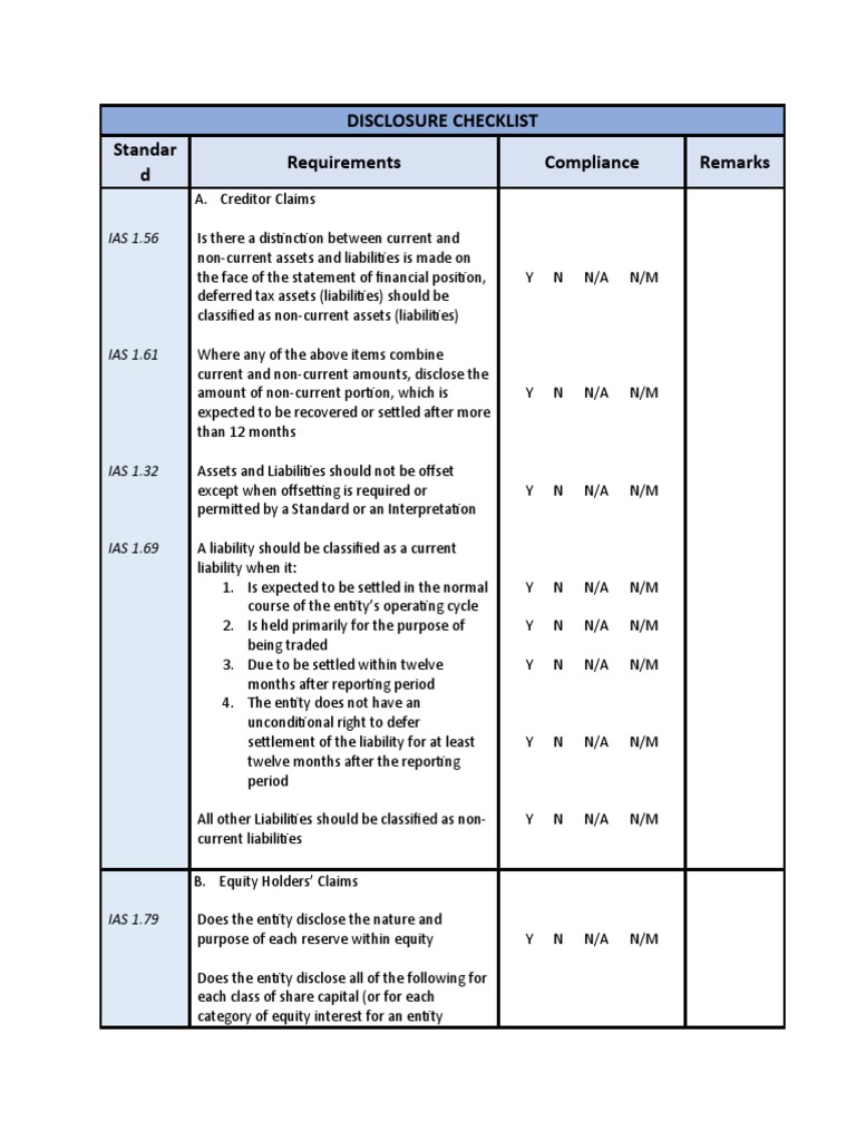 Disclosure Checklist Standar D Requirements Compliance Remarks | PDF ...