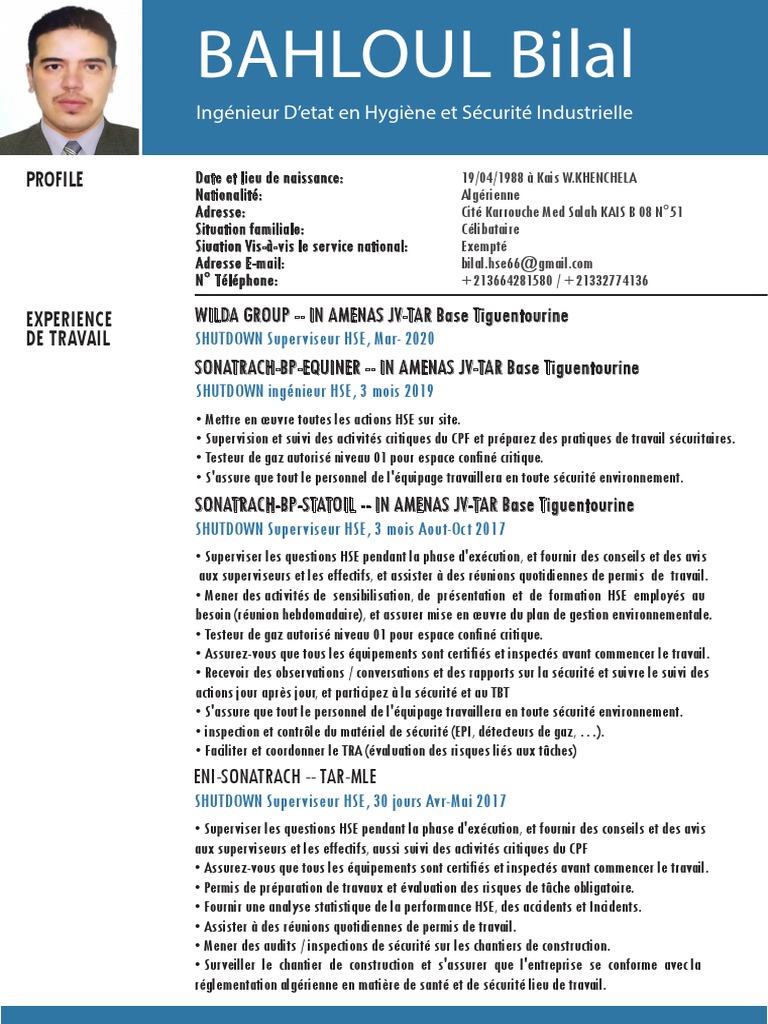 CV Bilal | PDF | Santé et sécurité au travail | Bien-être
