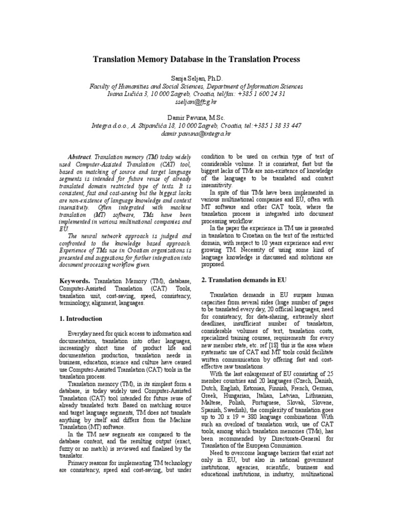 Translation Memory Database in The Translation Process: Abstract | PDF ...
