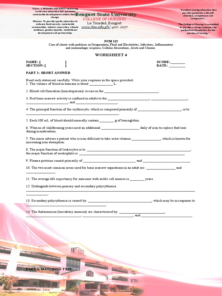 Benguet State University: Worksheet 4 | PDF | Anemia | Coagulation