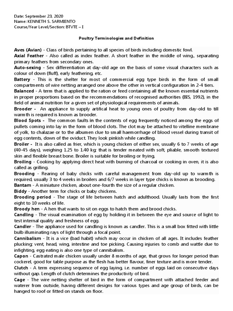 Poultry Terminologies and Definition | PDF | Chicken | Poultry