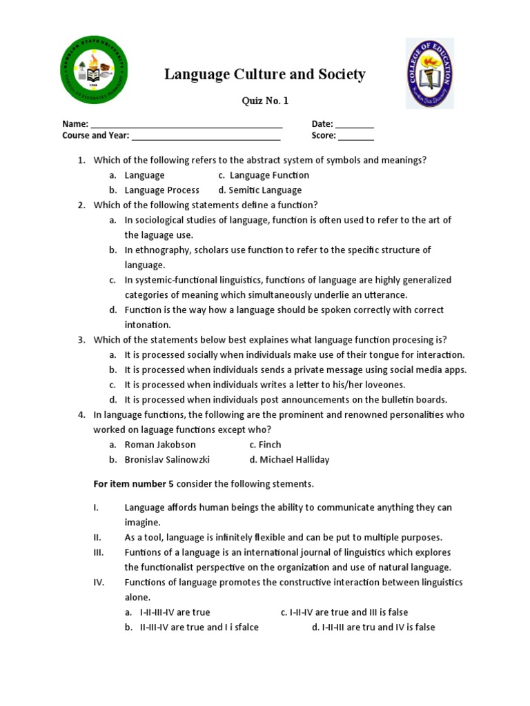 Language Culture and Society - Quiz | PDF | Linguistics | Human ...