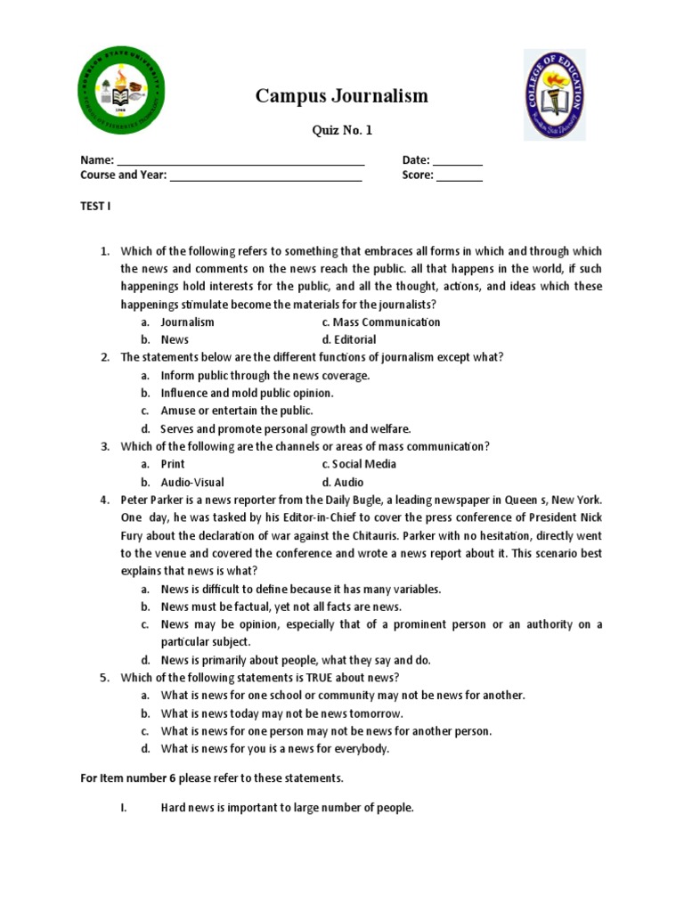 Campus Journalism - Quiz | PDF | News | Journalism
