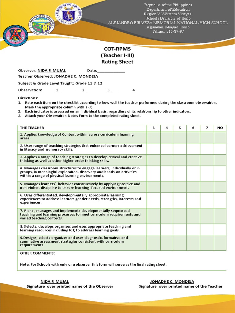 Cot-Rpms (Teacher I-III) Rating Sheet | PDF | Teachers | Learning