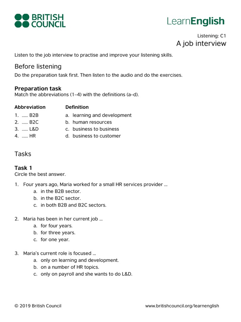 LearnEnglish Listening C1 A Job Interview PDF | PDF | Behavioural ...