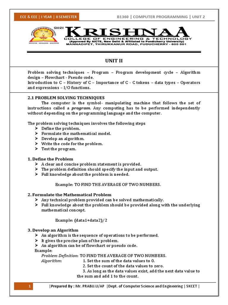 Unit Ii: 2.1 Problem Solving Techniques | PDF | Computer Program | Programming