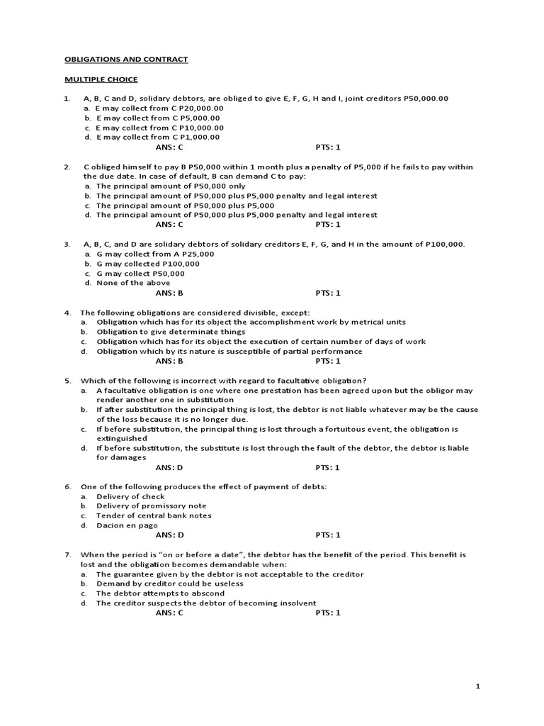 Ans: C PTS: 1: Obligations and Contract Multiple Choice | PDF | Guarantee | Debtor