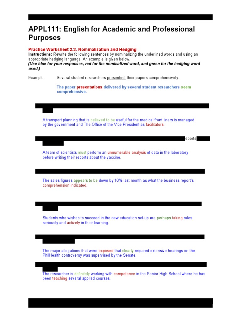 Practice Worksheet 2.1. Nominalization and Hedging Week 2. Pabilonia ...