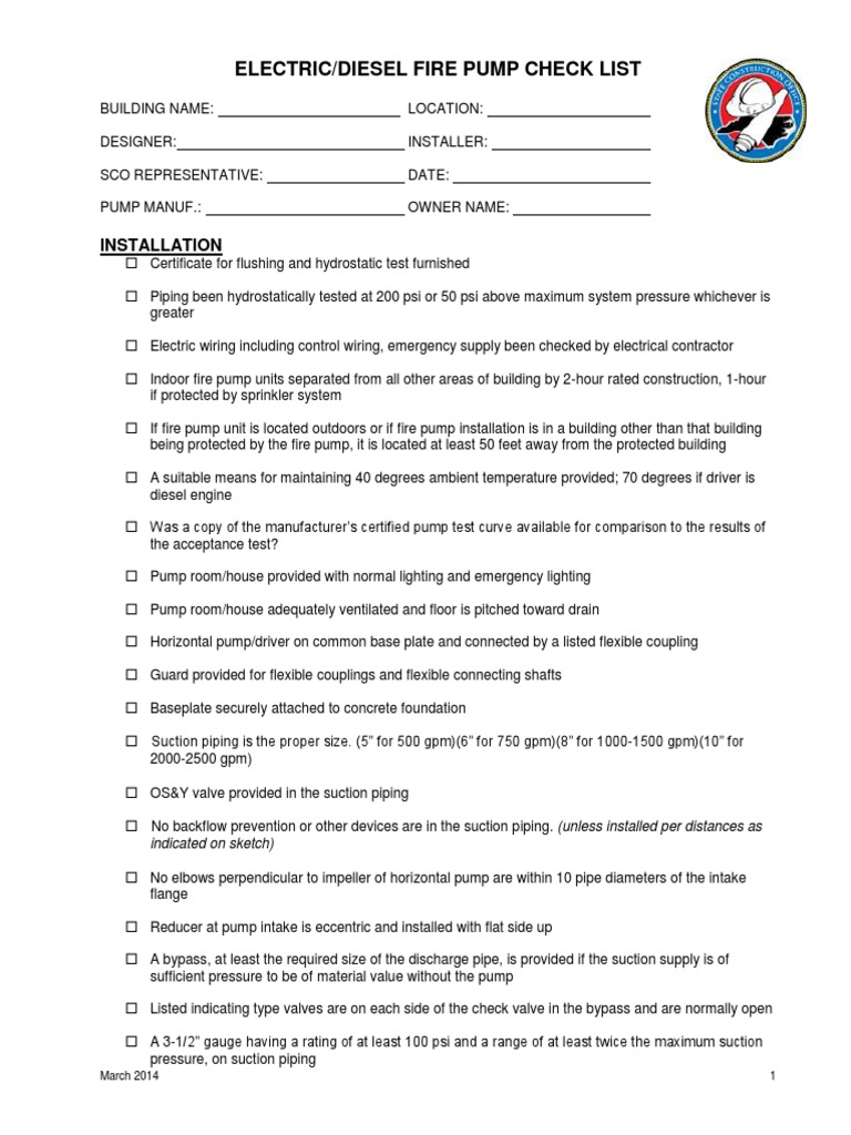 Electric/Diesel Fire Pump Check List: Installation | PDF | Pump | Valve