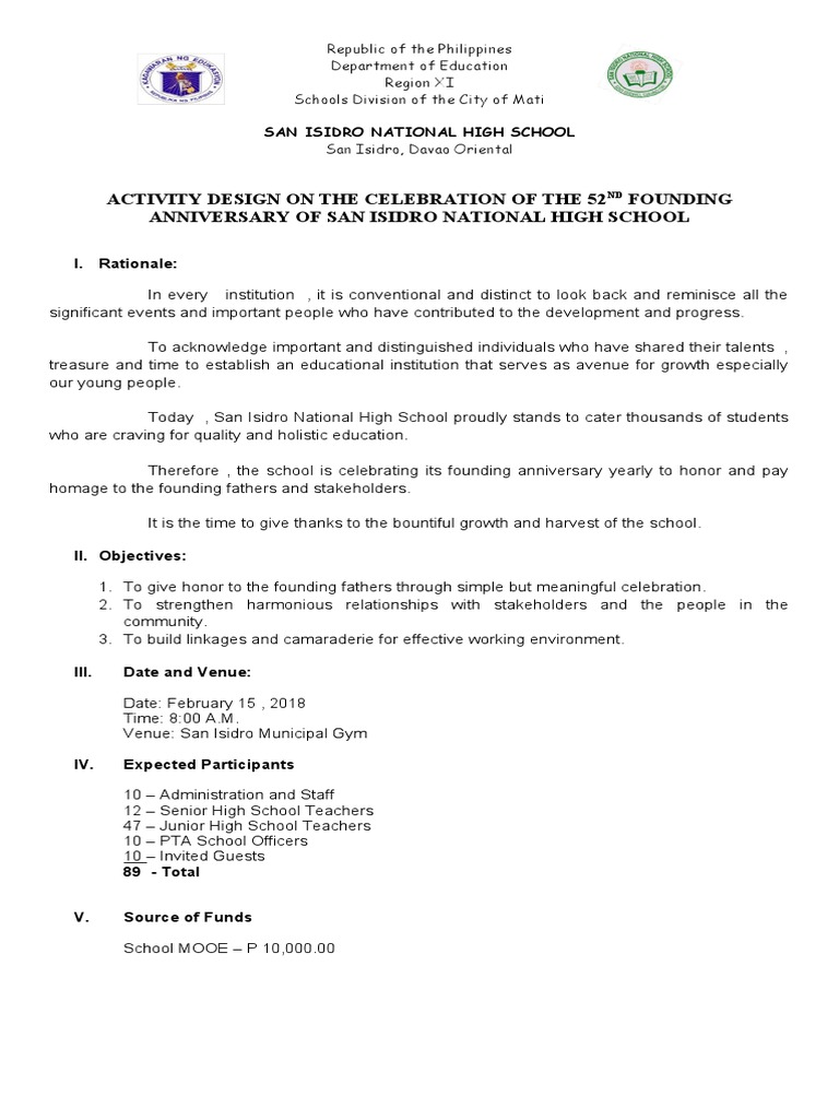 Revised Activity Design For Founding Anniversary 2018 | PDF