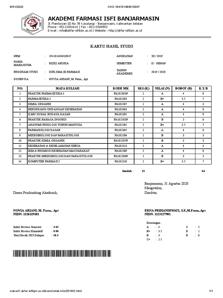 Akademi Farmasi Isfi Banjarmasin: Kartu Hasil Studi | PDF