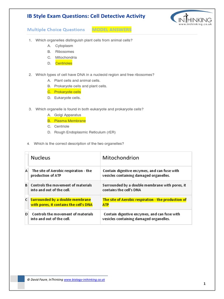 IB Style Exam Questions: Cell Detective Activity: Multiple Choice ...