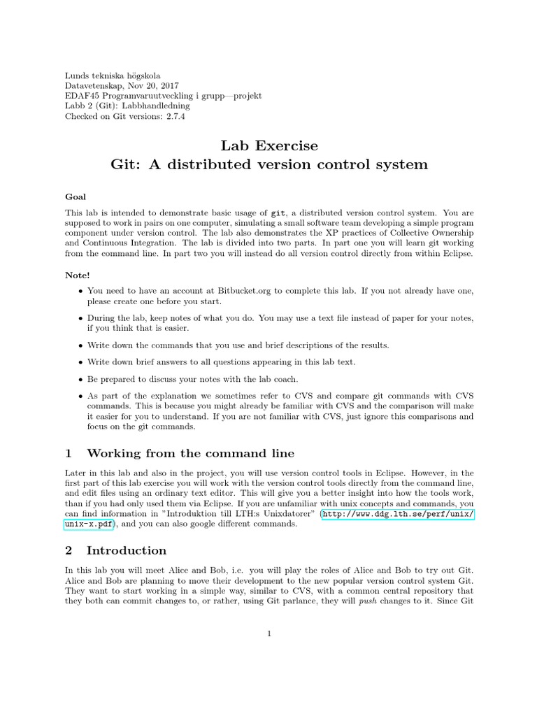 Lab Exercise Git: A Distributed Version Control System: 1 Working From The Command Line | PDF ...