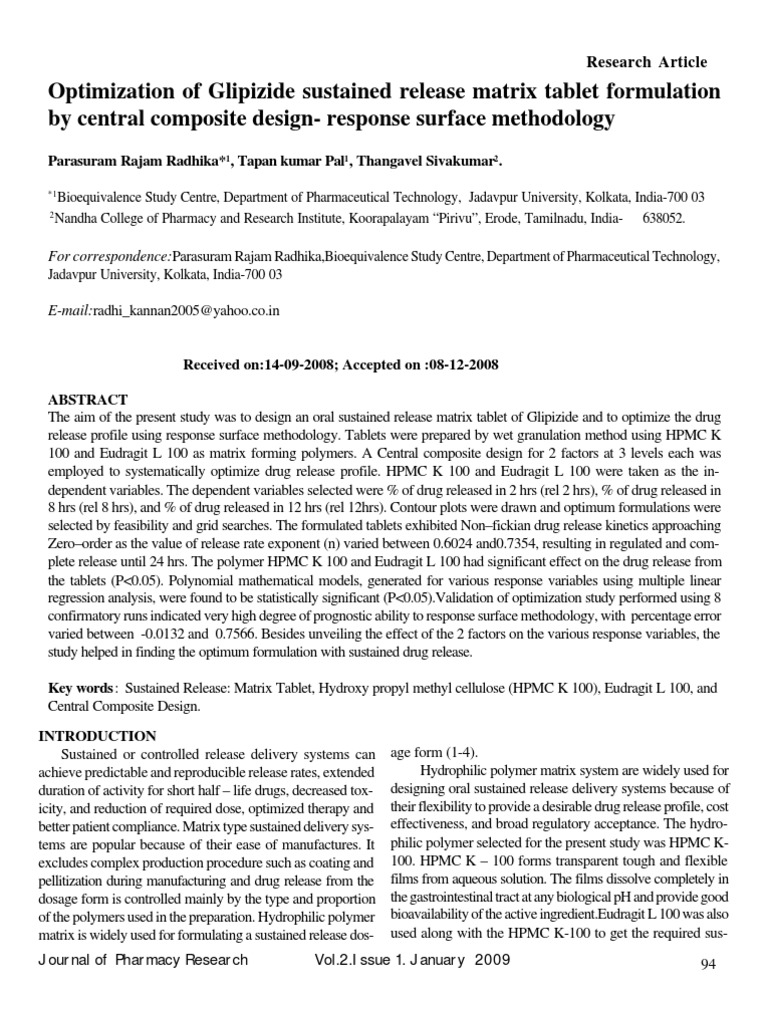 Optimization of Glipizide Sustained Release Matrix Tablet Formulation by Central Composite ...