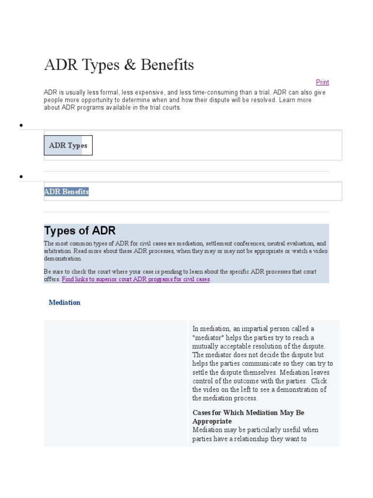 ADR Types & Benefits | PDF | Alternative Dispute Resolution | Mediation