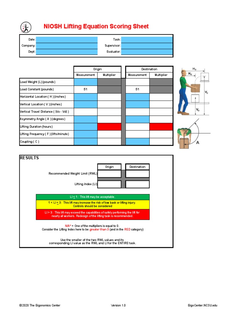 NIOSH Lifting Equation Scoring Sheet: Results | PDF | Nature | Teaching ...