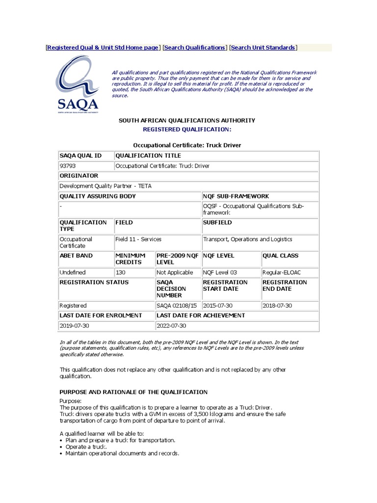 QCTO - Truck Driver | PDF | Transport | Educational Assessment