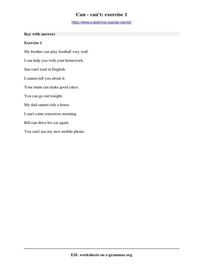 Can Cannot Exercise 1 Key PDF | PDF