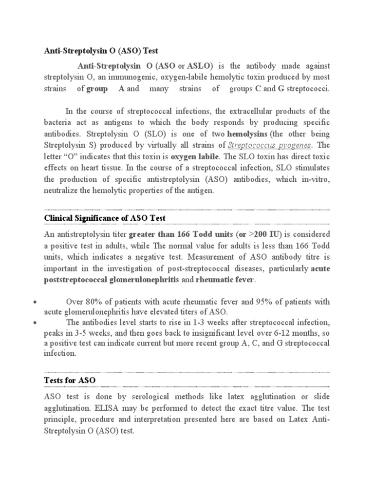 Anti-Streptolysin O (ASO or ASLO) Is The Antibody Made Against | PDF ...