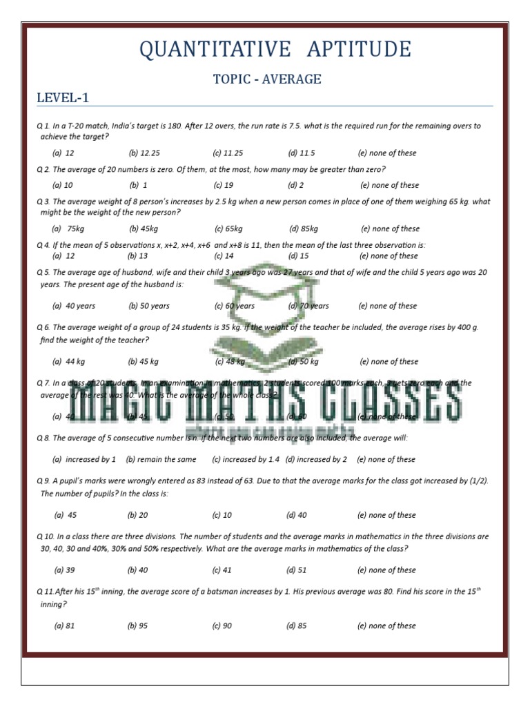 Quantitative Aptitude: Topic - Average Level-1 | PDF | Behavior ...