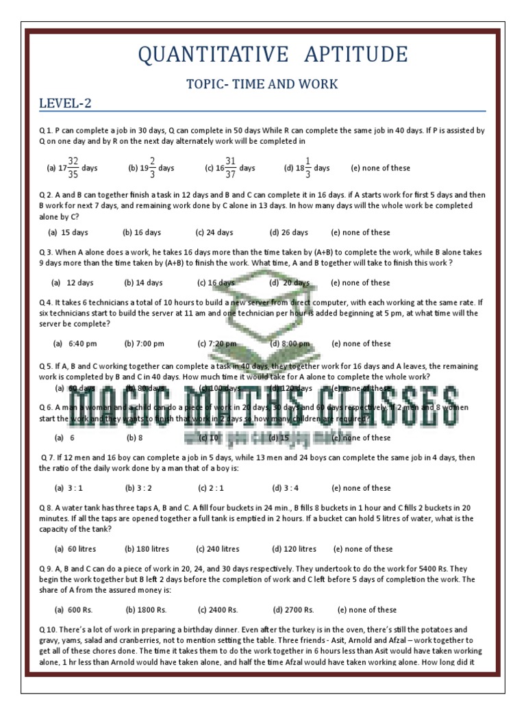 Quantitative Aptitude: Topic-Time and Work Level-2 | PDF | Foods