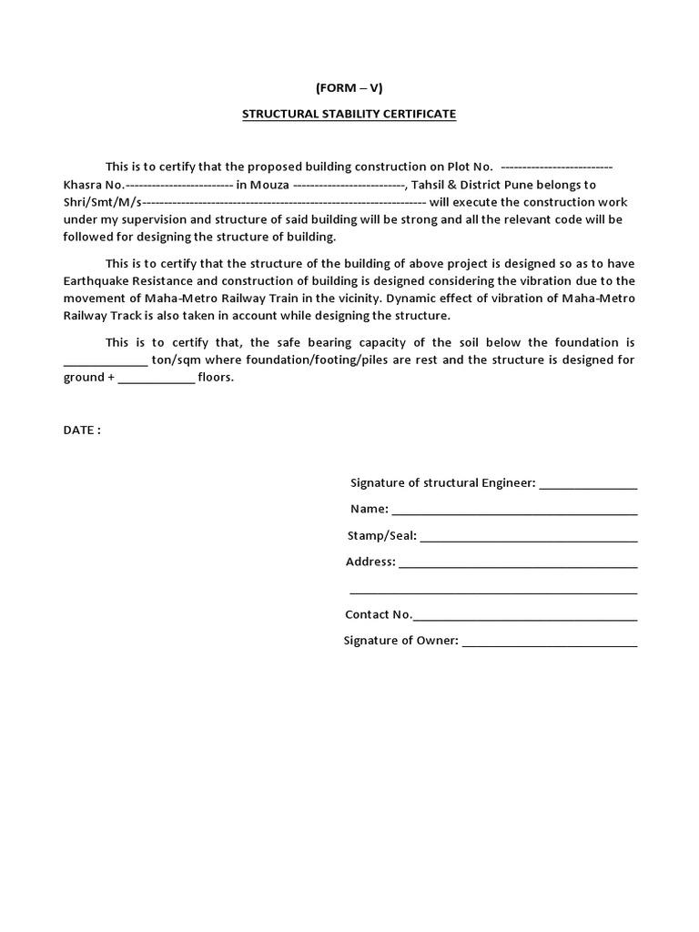 (Form - V) Structural Stability Certificate | PDF