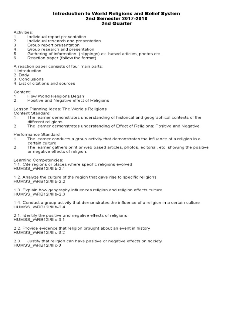 Grade 12 GAS 2 Matrix Classroom Activities - World Religions | PDF ...